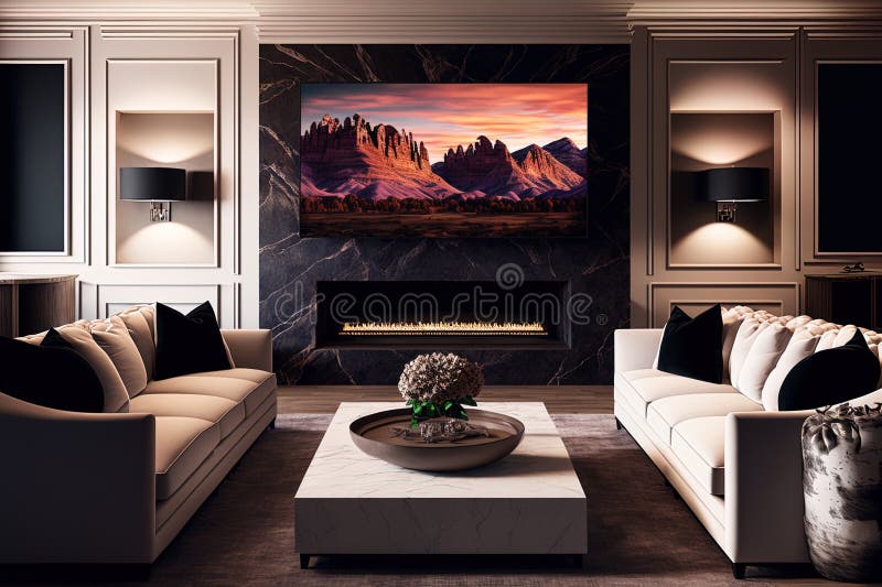 Panoramic View of Luxurious Living Room with Fireplace, Tv and Two ...