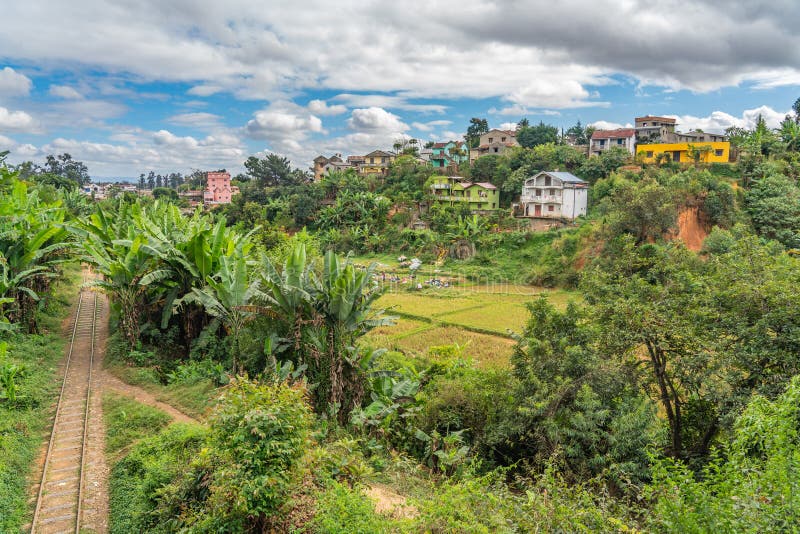 Panoramic View of Madagascar Landscape with Fields and Houses Stock ...