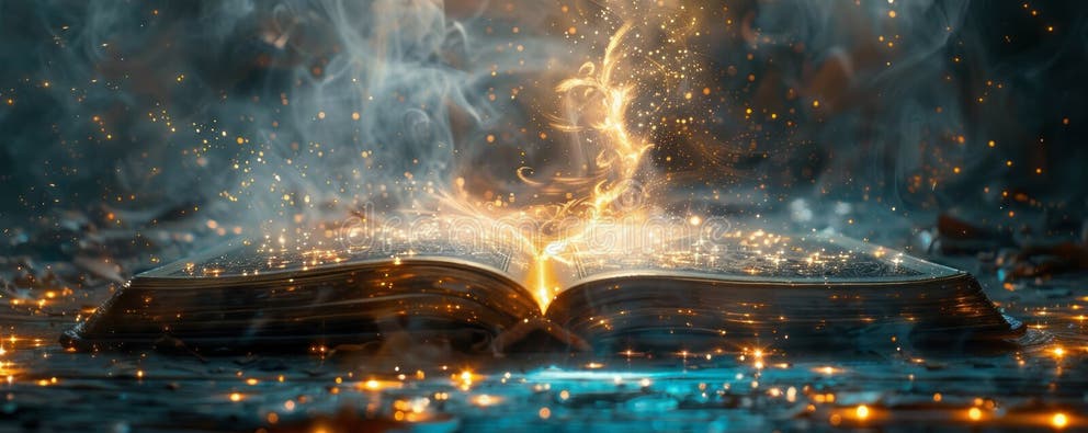 Panoramic View of a Magical Grimoire, Light Beams Casting Spells Stock Illustration ...