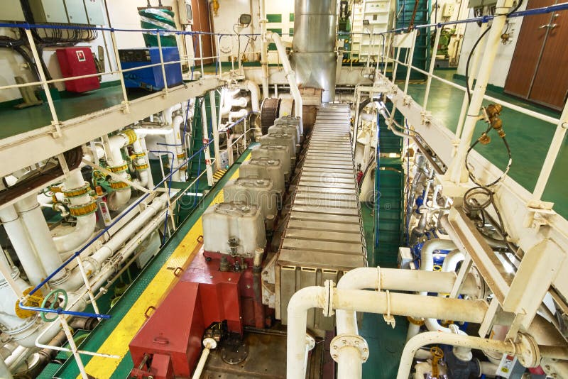 Panoramic View of Main Engine on a Merchant Ship in the Engine Room ...