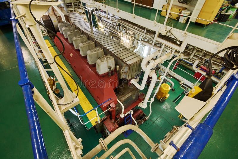 Panoramic View of Main Engine on a Merchant Ship in the Engine Room ...
