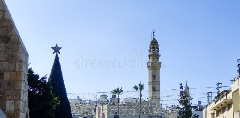 Panoramic View of the Main Square in Bethlehem. Christmas Tree and ...