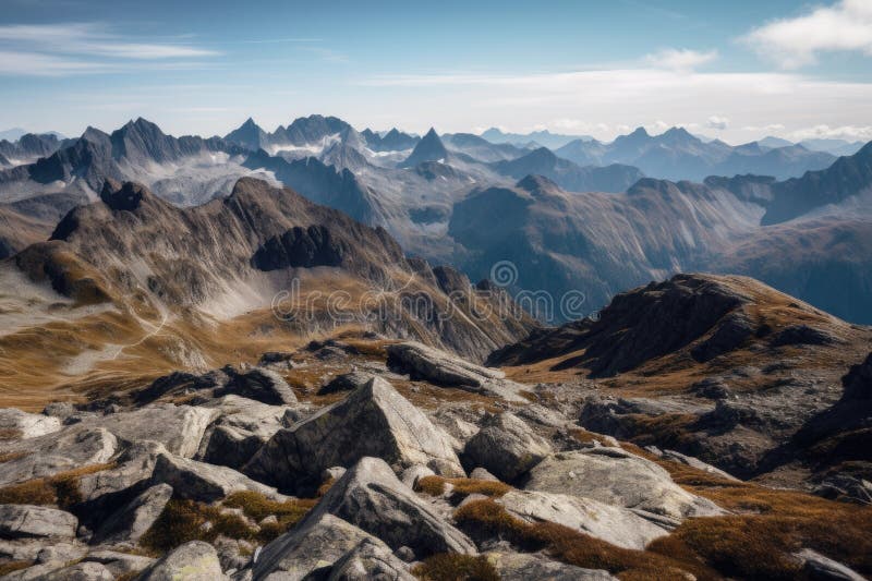 Panoramic View of Majestic Alpine Range, with Distant Snowy Peaks ...