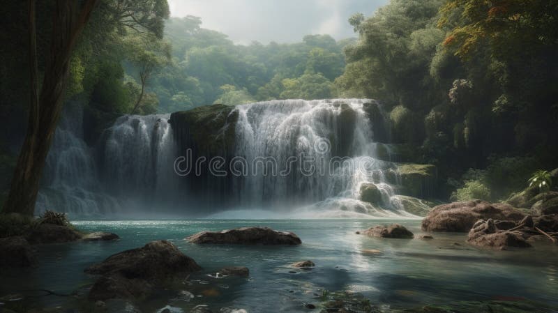 Panoramic View of a Majestic Deep Forest Waterfall with Crystal Clear ...