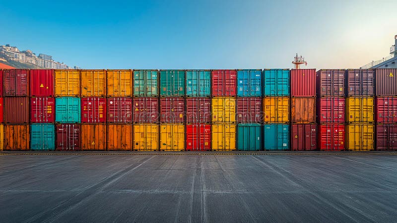 Panoramic View of the Many Colorful Cargo Containers Stacked on Top of ...