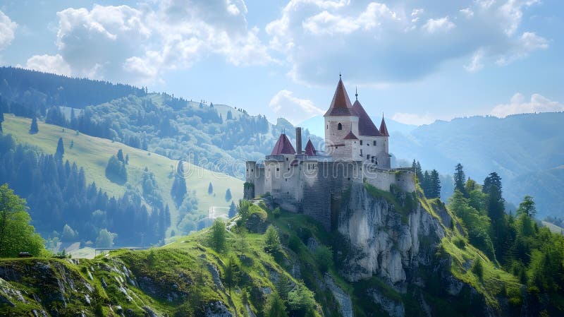 Panoramic View of the Medieval Castle in the Mountains. 3d Rendering ...