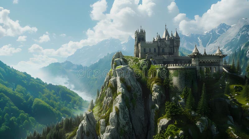 Panoramic View of the Medieval Castle in the Mountains. 3d Rendering ...