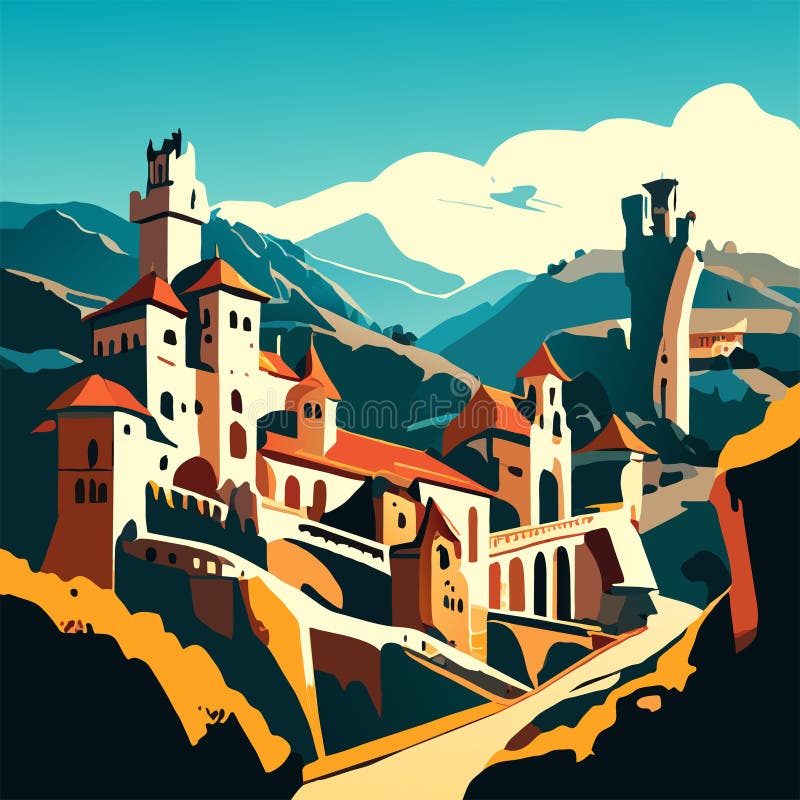 Panoramic View of Medieval Fortress in the Mountains. Vector ...