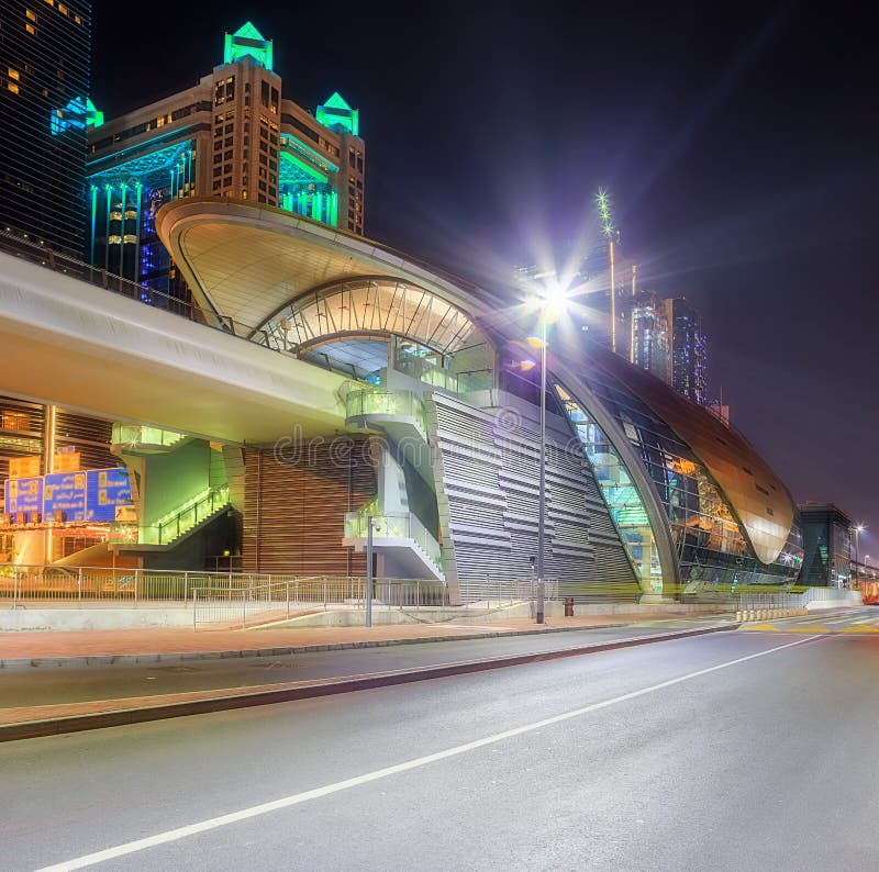 Panoramic View of Metro Station and Road in Financial District at Night ...