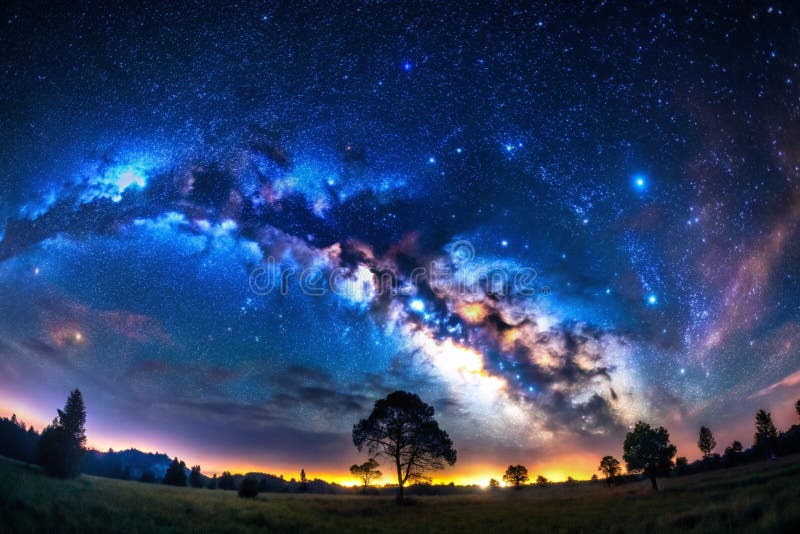 Panoramic View of Milky Way and Starry Night Sky Stock Illustration ...