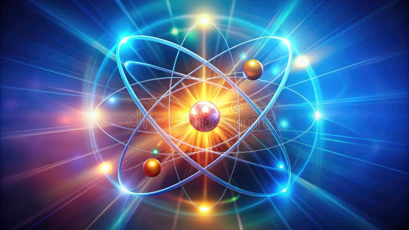 Panoramic View of a Minimalist Atomic Structure Glowing Nucleus and ...