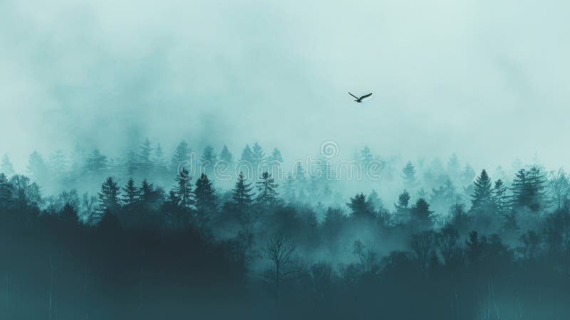 Panoramic View of Misty Forest with Birds Flying in the Sky Stock ...