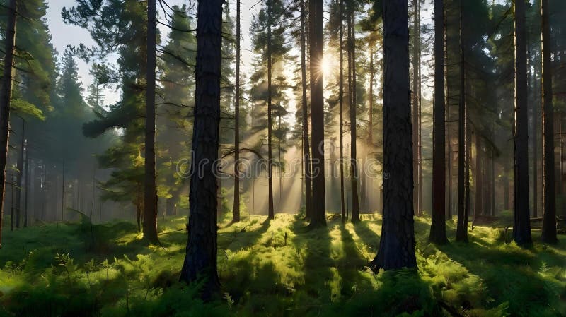 A Panoramic View of a Misty Forest at Sunrise Stock Illustration ...