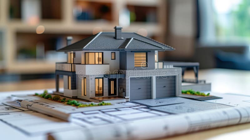 Panoramic View of a Model House Resting on an Architectural Blueprint ...