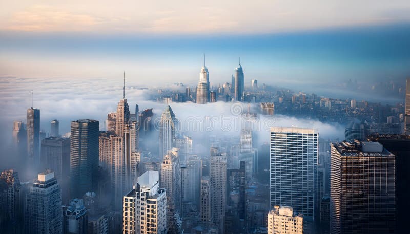 Panoramic View of a Modern City Covered by Dense Fog Stock Illustration ...