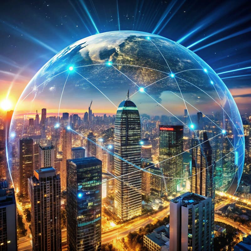 A Panoramic View of a Modern City at Night, with a Glowing Globe. Stock ...