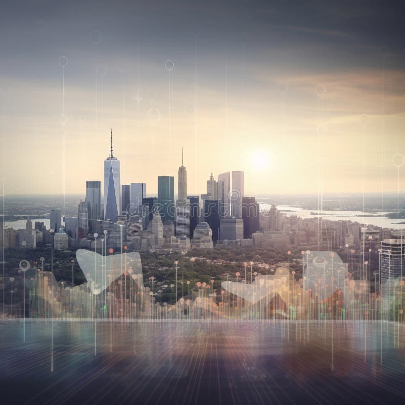 Panoramic View of Modern City Skyline with Chart and Graph Superimposed ...
