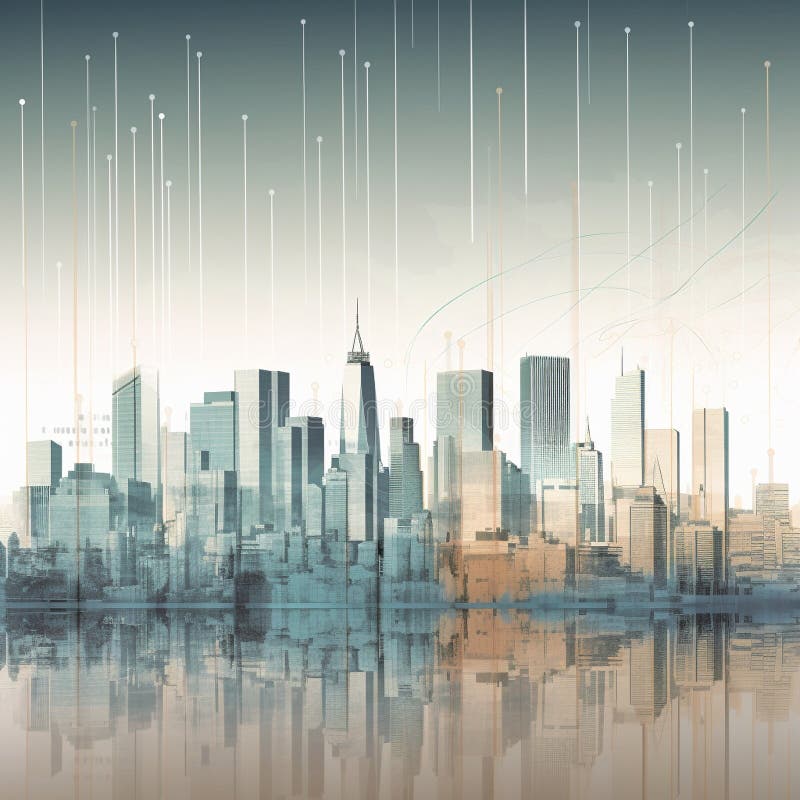 Panoramic View of Modern City Skyline with Chart and Graph Superimposed ...