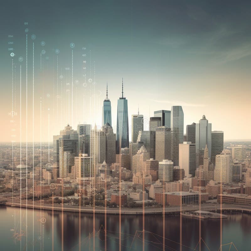 Panoramic View of Modern City Skyline with Chart and Graph Superimposed ...