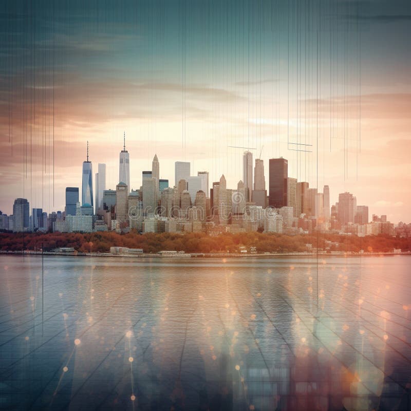 Panoramic View of Modern City Skyline with Chart and Graph Superimposed ...