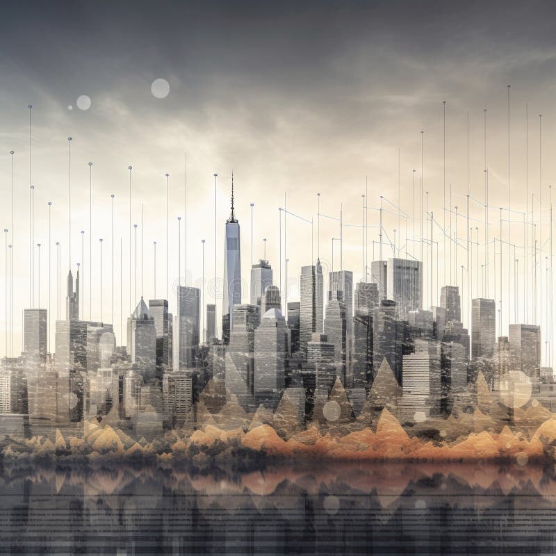 Panoramic View of Modern City Skyline with Chart and Graph Superimposed ...