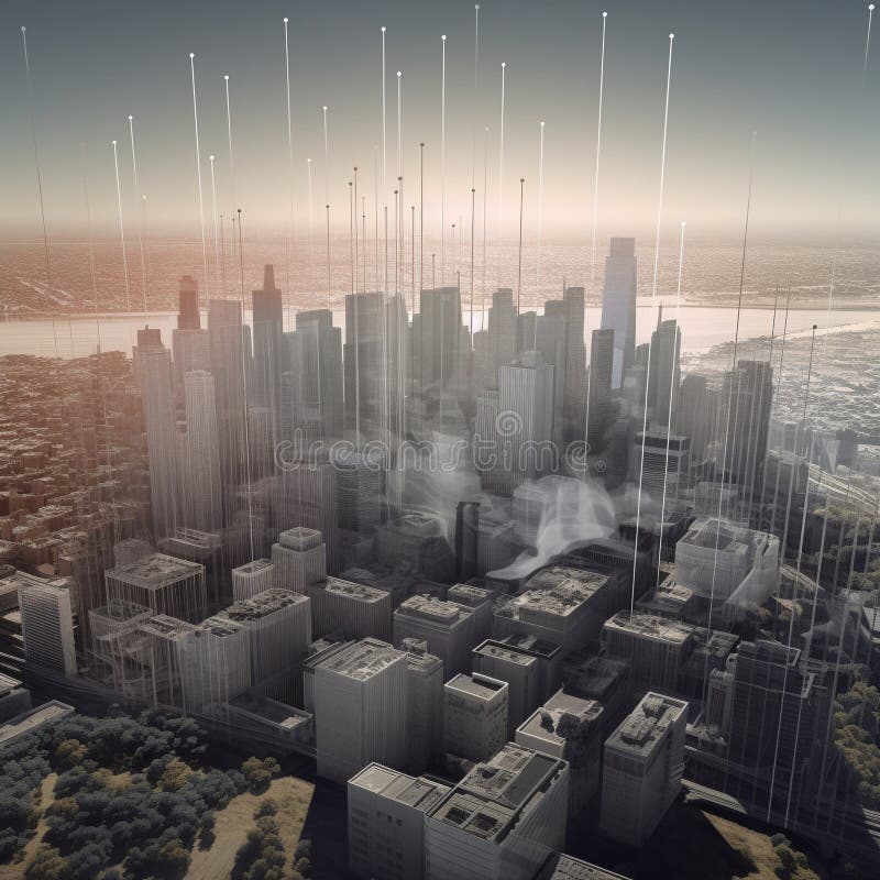 Panoramic View of Modern City Skyline with Chart and Graph Superimposed ...