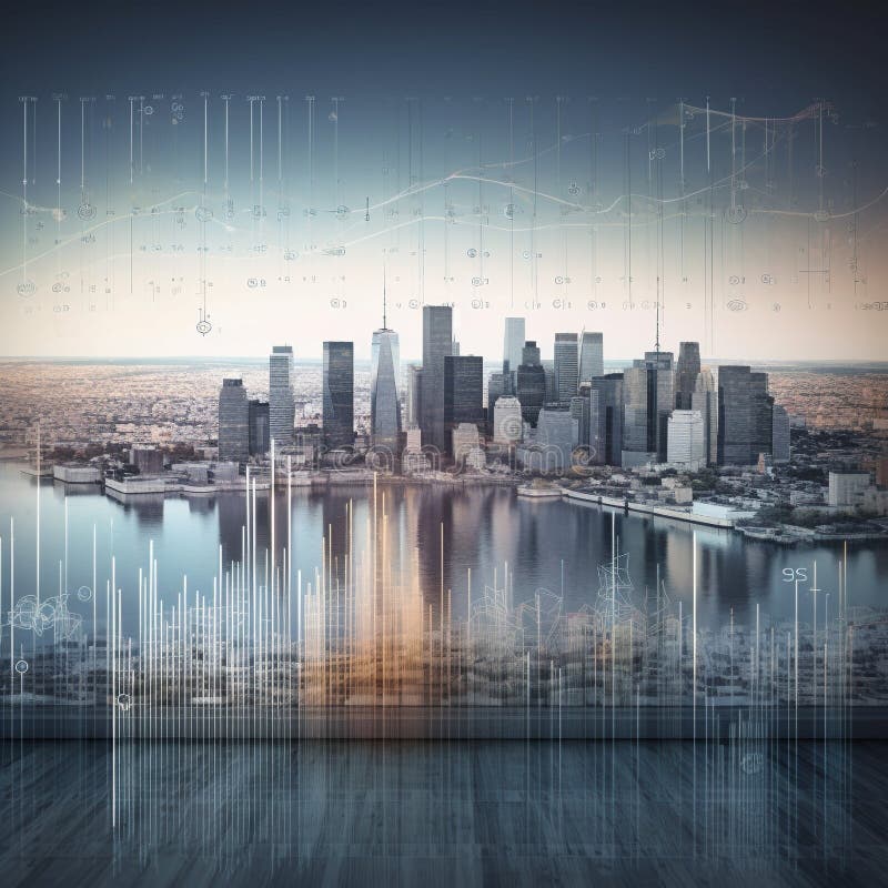 Panoramic View of Modern City Skyline with Chart and Graph Superimposed ...