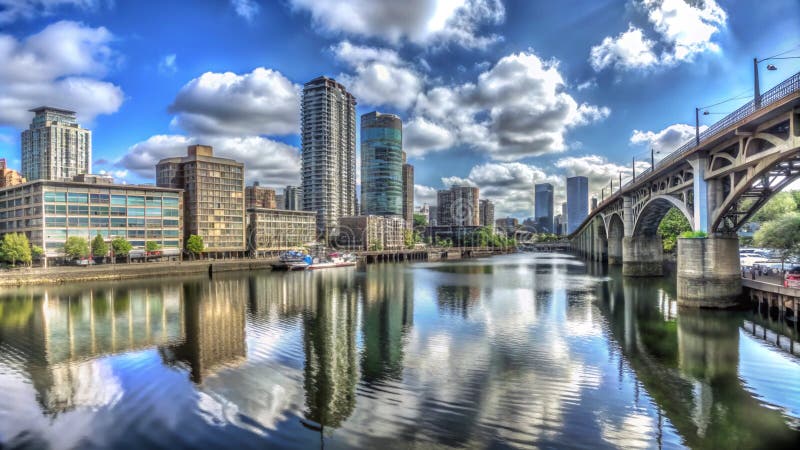 A Panoramic View of a Modern City Skyline with a River and Bridge Stock ...
