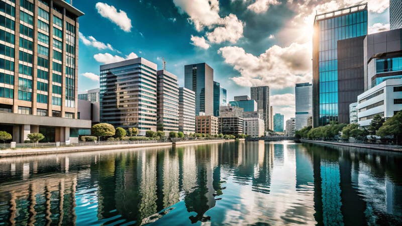 A Panoramic View of a Modern City Skyline with Skyscrapers Reflected in ...