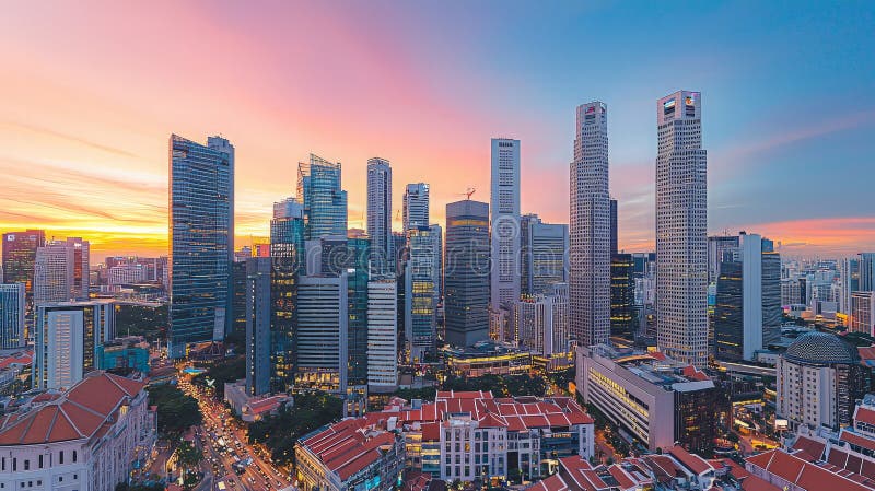 A Panoramic View of a Modern City Skyline with Skyscrapers at Sunset ...