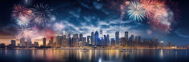 Panoramic View of Modern Cityscape with Fireworks at Night Stock ...