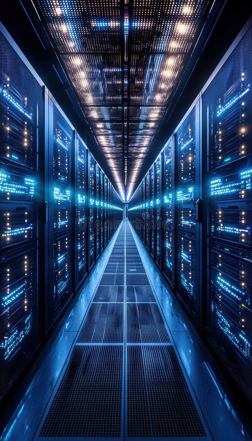 Panoramic View of a Modern Data Center with Endless Rows of Servers and ...