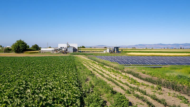 A Panoramic View of a Modern Farm Featuring a Combination of Solar ...