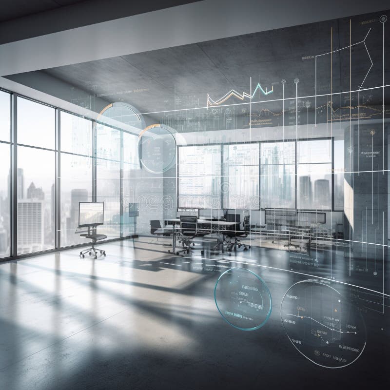 Panoramic View of Modern Office Space with a Chart and Graph ...
