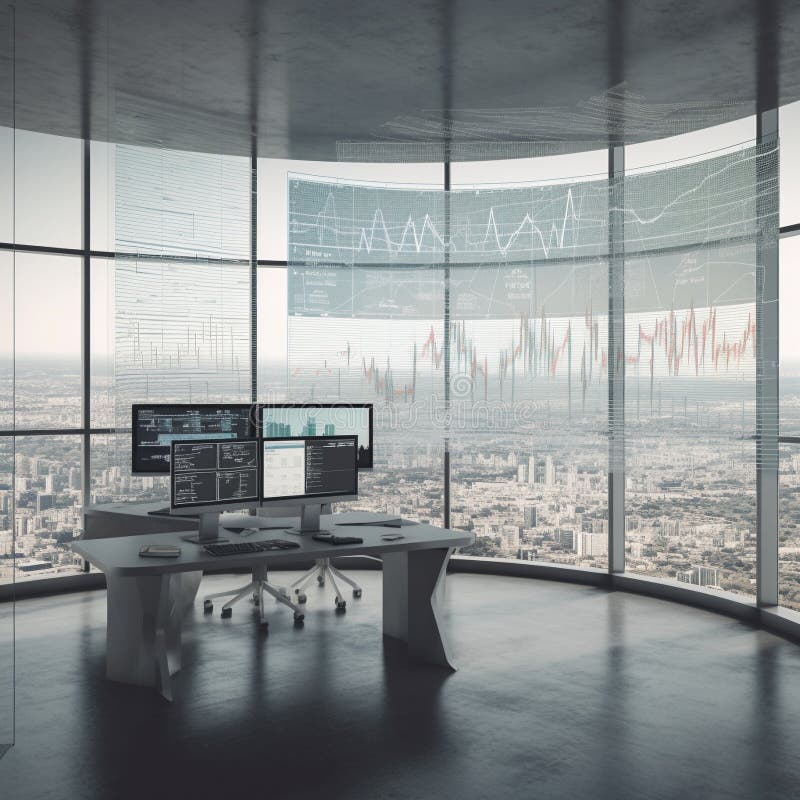 Panoramic View of Modern Office Space with a Chart and Graph ...