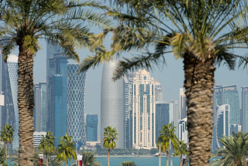 Panoramic View of Modern Skyline of Doha through Blurred Palm Trees ...