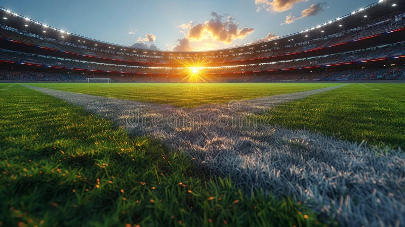 Panoramic View of a Modern Stadium at Sunset with Green Field Stock ...