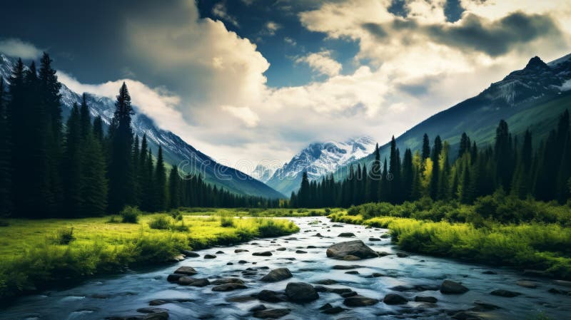Panoramic View of Mountain River in Valley with Forest and Cloudy Sky ...
