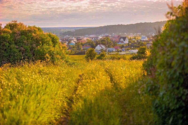Panoramic View from the Mountain To Small Rural Settlement among Fields ...