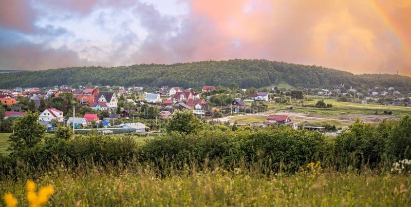 Panoramic View from the Mountain To Small Rural Settlement among Fields ...
