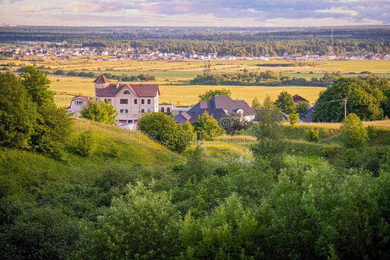 Panoramic View from the Mountain To Small Rural Settlement among Fields ...