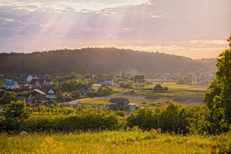 Panoramic View from the Mountain To Small Rural Settlement among Fields ...