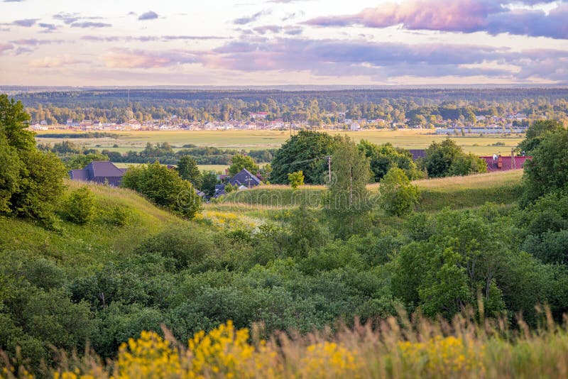 Panoramic View from the Mountain To Small Rural Settlement among Fields ...