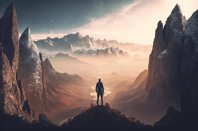 Panoramic View of the Mountains, with Man Standing Atop a Cliff and ...