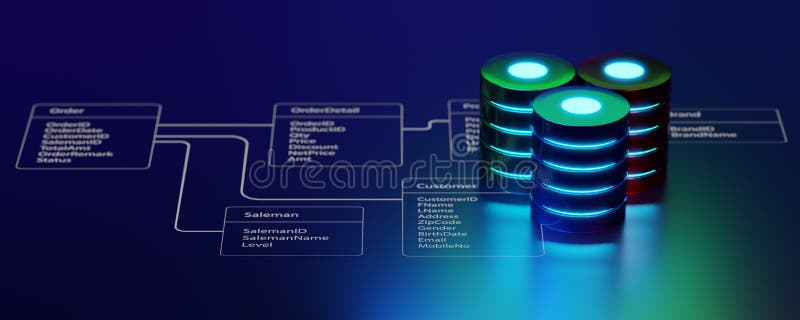 Multiple Database Is Placed On Relational Database Tables With Server Room Stock Illustration