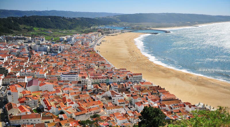 Nazare Town and Beach, Portugal Stock Image - Image of water, road ...