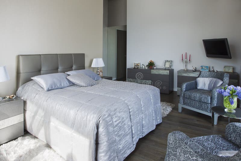 Panoramic View of Nice Cozy Bedroom Stock Photo - Image of decor ...