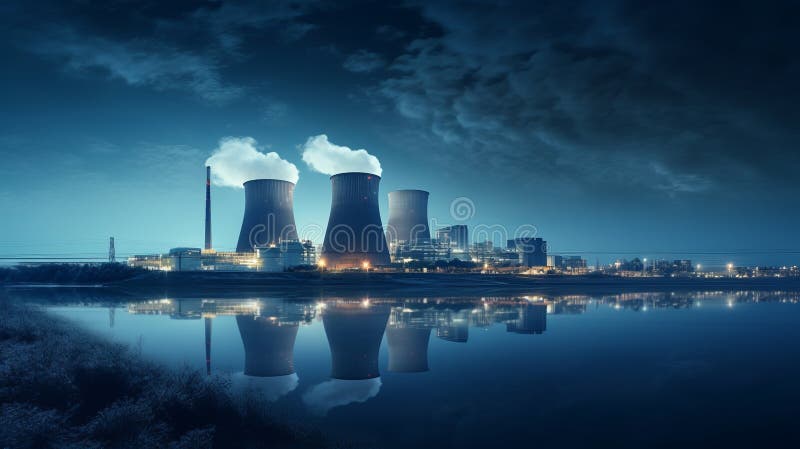 Panoramic View of a Nuclear Power Plant with Night Blue Sky Stock ...