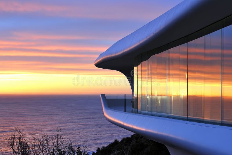 Panoramic View of the Ocean at Sunset from a Rooftop or a High-rise ...