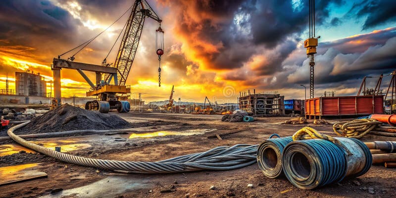 Construction Site Panorama Crane Hook Damaged Rope and Scattered Debris ...
